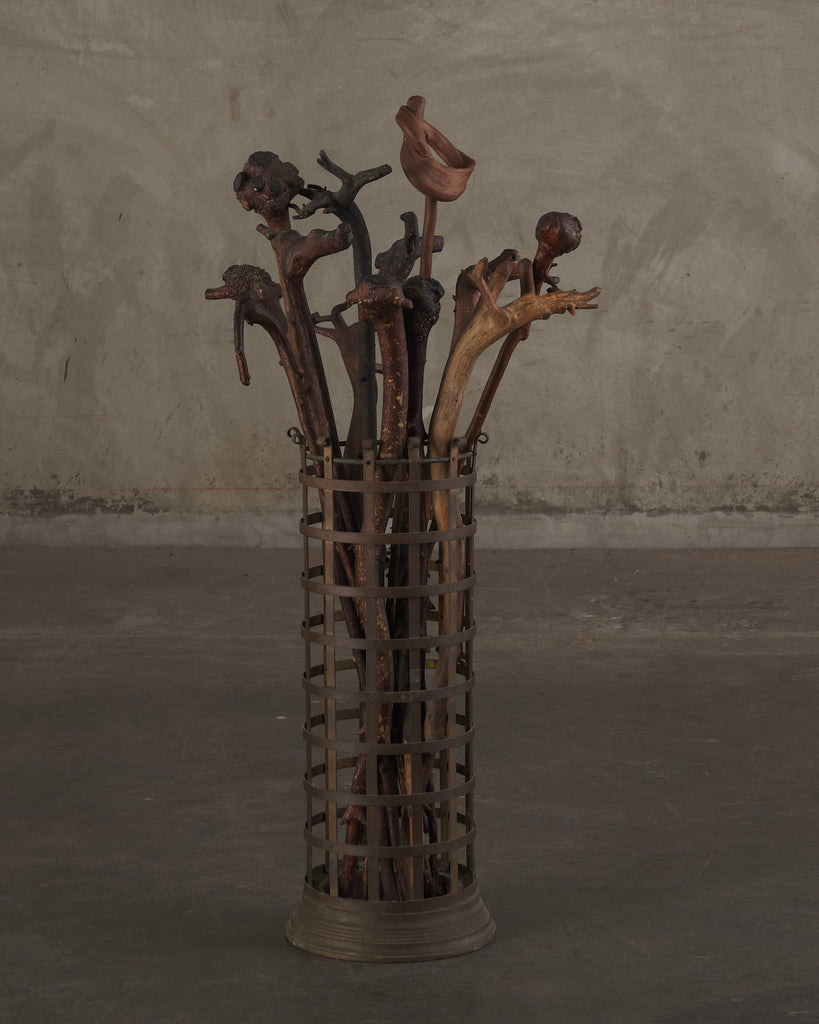 BRASS STRAPPED STAND WITH COLLECTION OF GNARLED WOOD WALKING STICKS ...