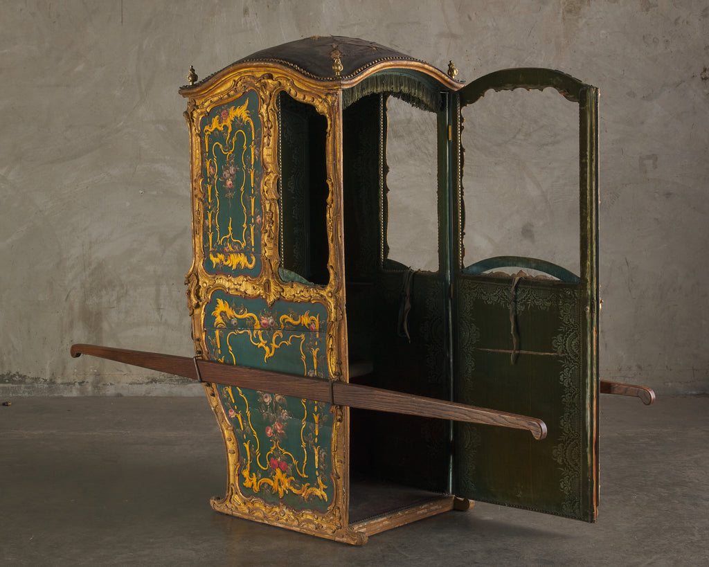 ITALIAN CARVED AND GILDED SEDAN CHAIR WITH ORIGINAL INTERIOR AND GLASS ...