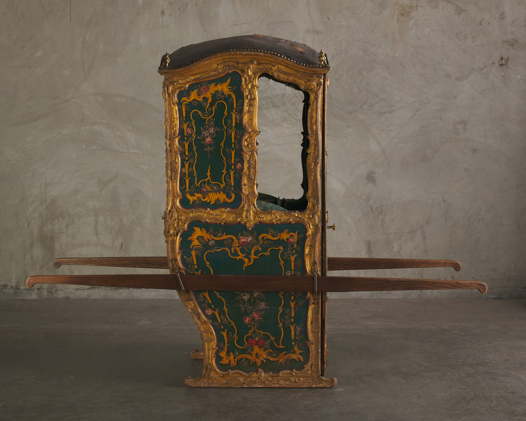 ITALIAN CARVED AND GILDED SEDAN CHAIR WITH ORIGINAL INTERIOR AND GLASS ...