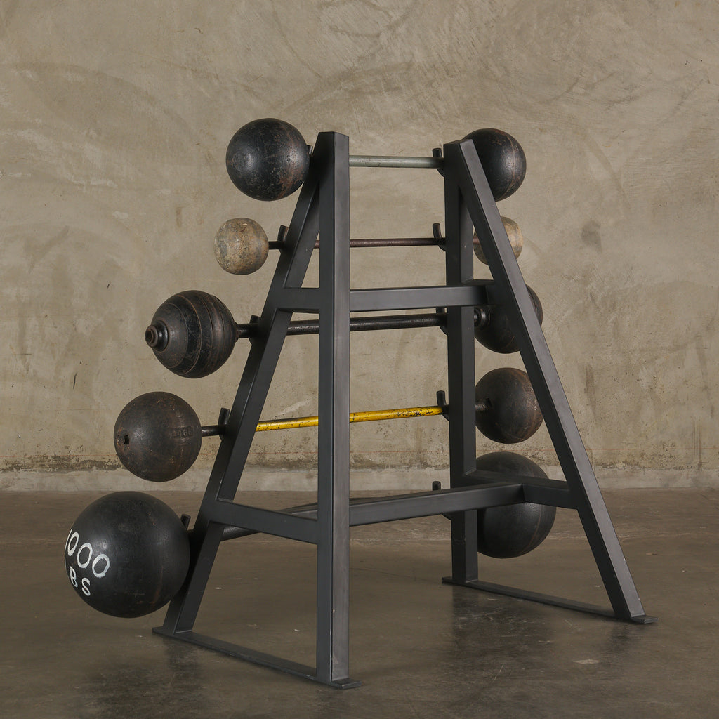 COLLECTION OF ANTIQUE BARBELLS ON STEEL MOUNT – Blackman Cruz